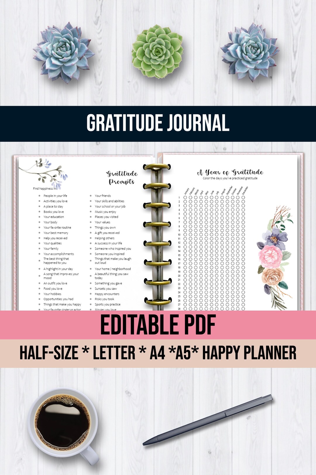 Printable Gratitude Journal: Daily Prompts, Floral & Minimalist (PDF ...