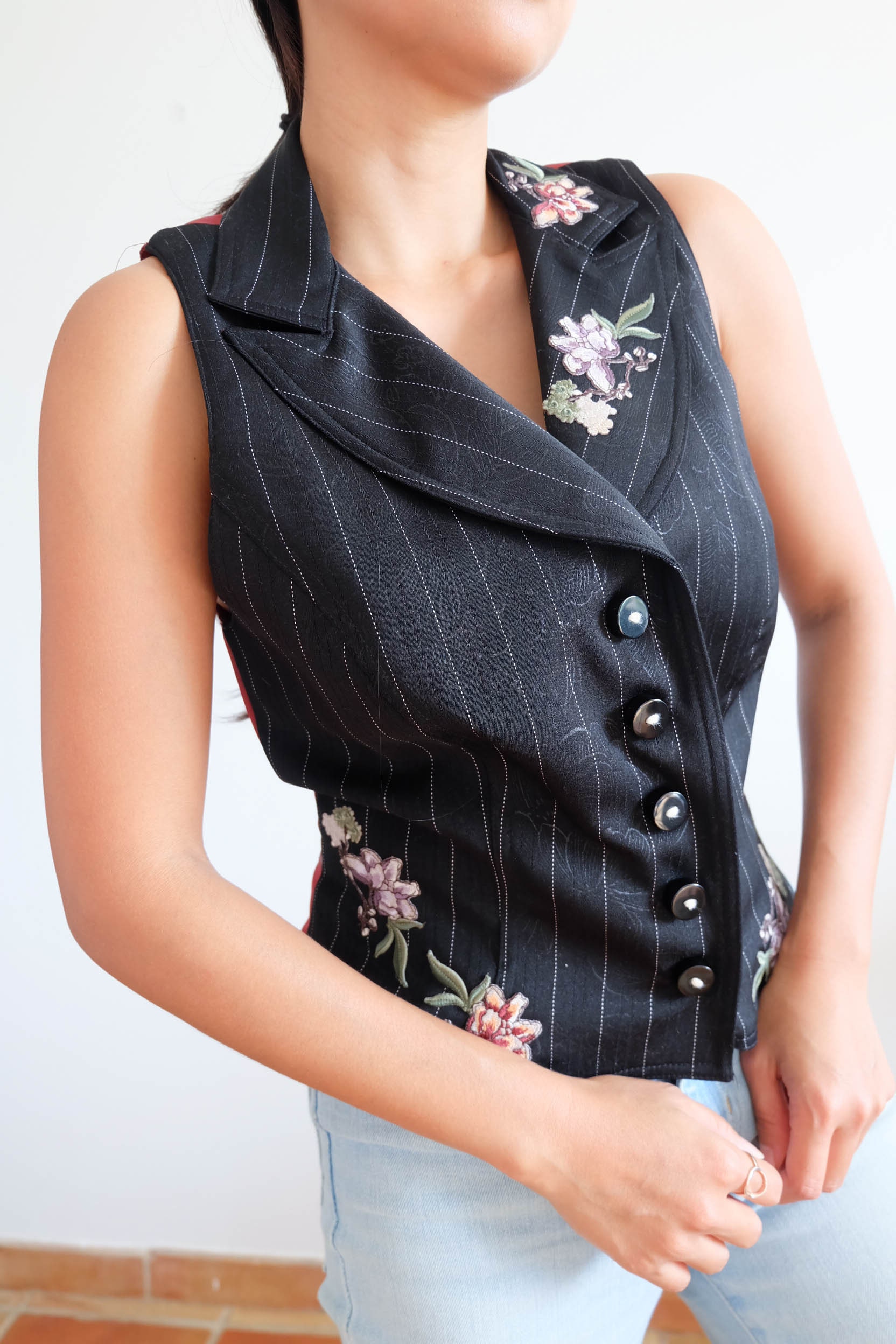 Y2K Dark Gray Pinstriped Vest, Womens Embroidered Vest Small to Medium ...