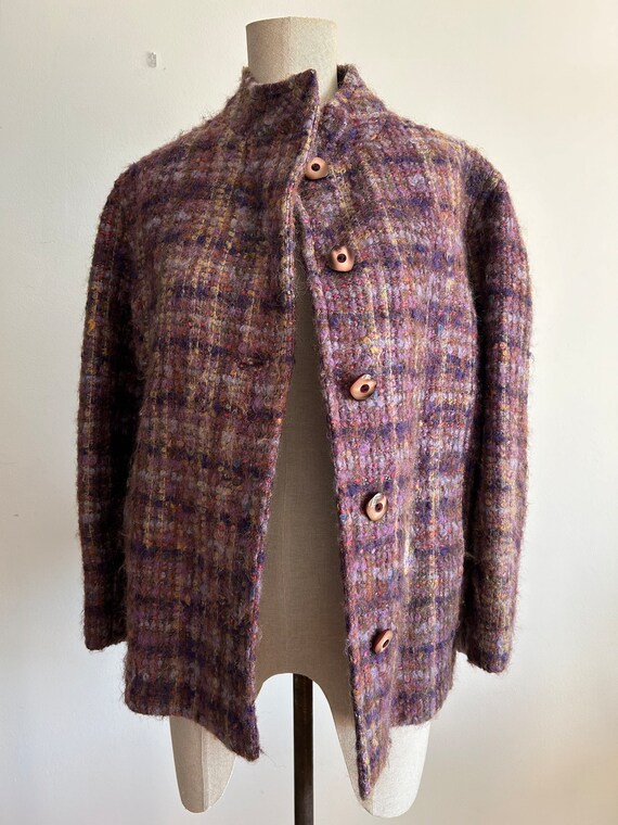 1960s Purple Cropped Tweed Jacket, Wool Oversize Chec… - Gem