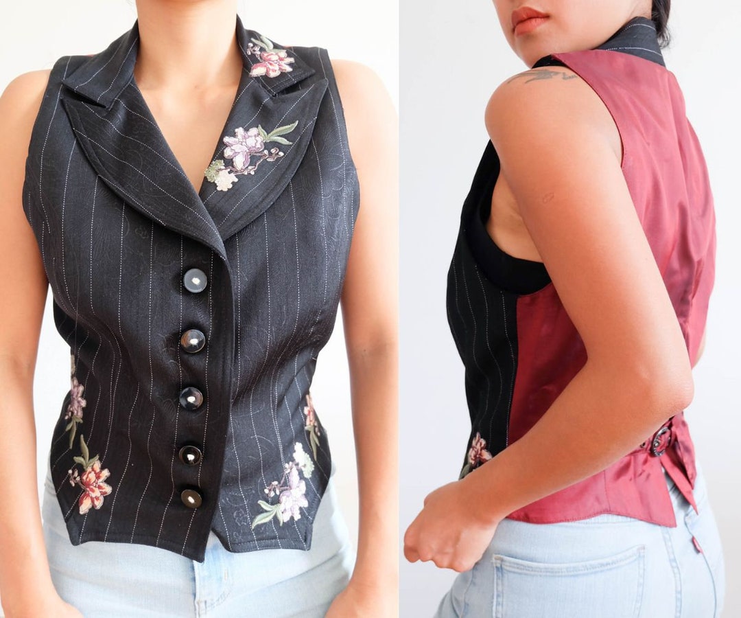 Y2K Dark Gray Pinstriped Vest Womens Embroidered Vest Small - Etsy