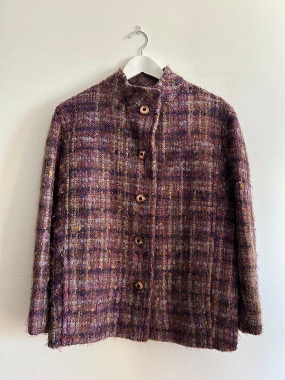 1960s Purple Cropped Tweed Jacket, Wool Oversize Chec… - Gem
