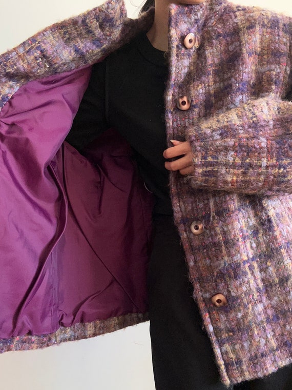 1960s Purple Cropped Tweed Jacket, Wool Oversize Chec… - Gem
