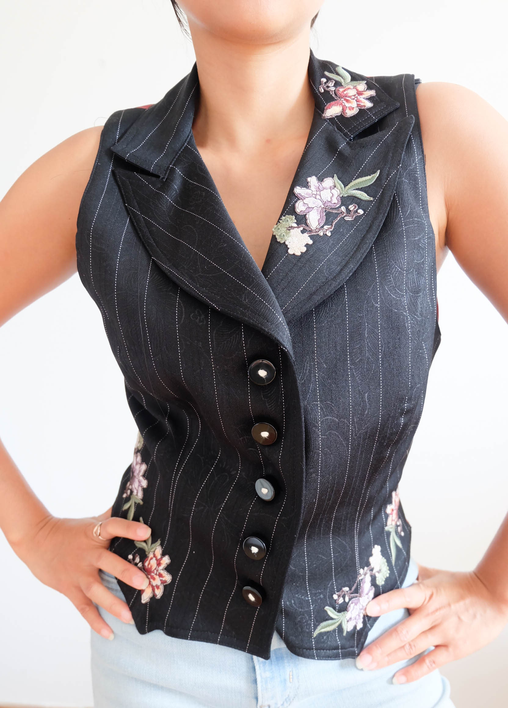 Y2K Dark Gray Pinstriped Vest, Womens Embroidered Vest Small to Medium ...