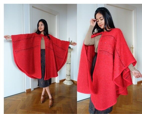 1960s Red Mohair Cape, Fall Winter Cape Coat, Red Cot… - Gem