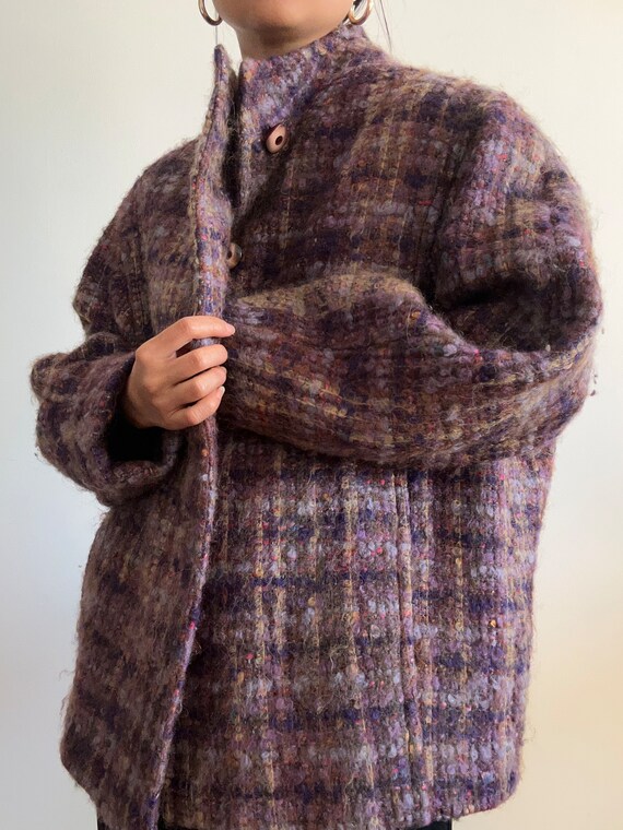 1960s Purple Cropped Tweed Jacket, Wool Oversize Chec… - Gem