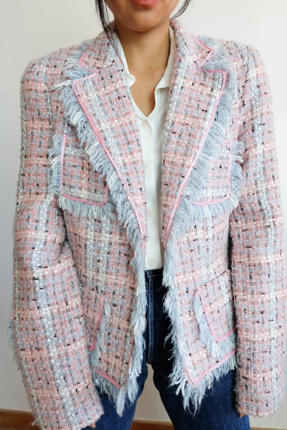 Vintage pastel pink tweed blazer, Classic fitted twee… - Gem