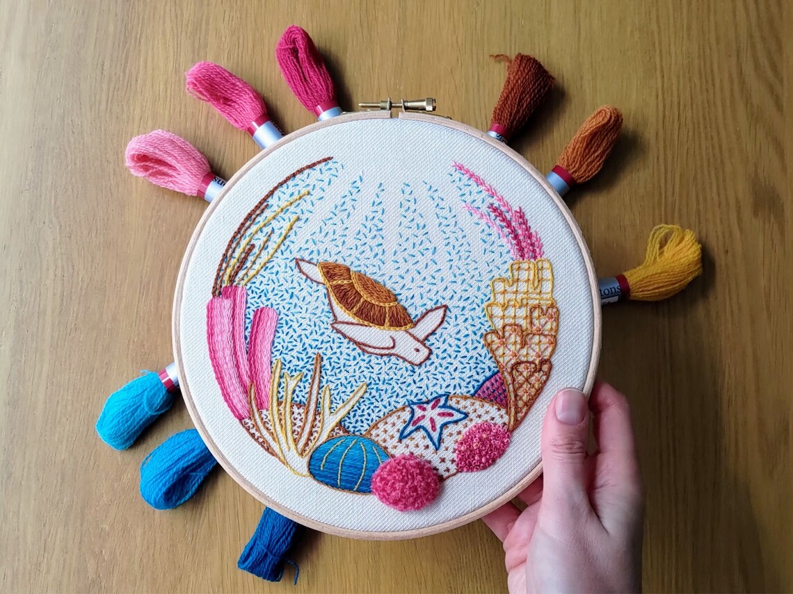 Turtle and Coral Crewel Embroidery PDF Pattern, Modern Embroidery ...