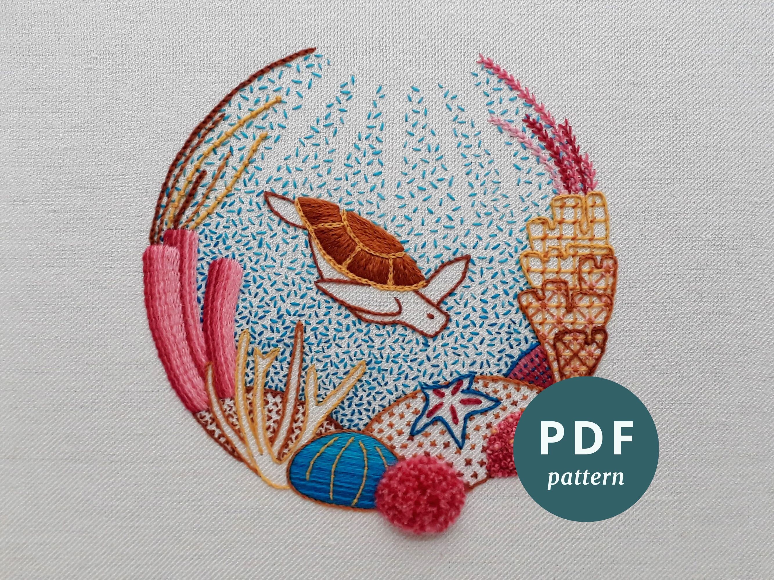 Turtle and Coral Crewel Embroidery PDF Pattern, Modern Embroidery ...