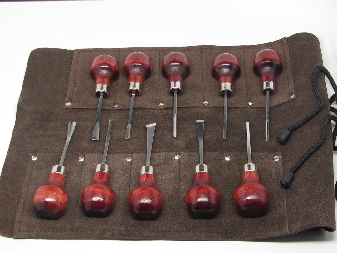 10pc Wood Carving Wood Block Tools & Leather Tool Roll Ramelson USA 107 ...