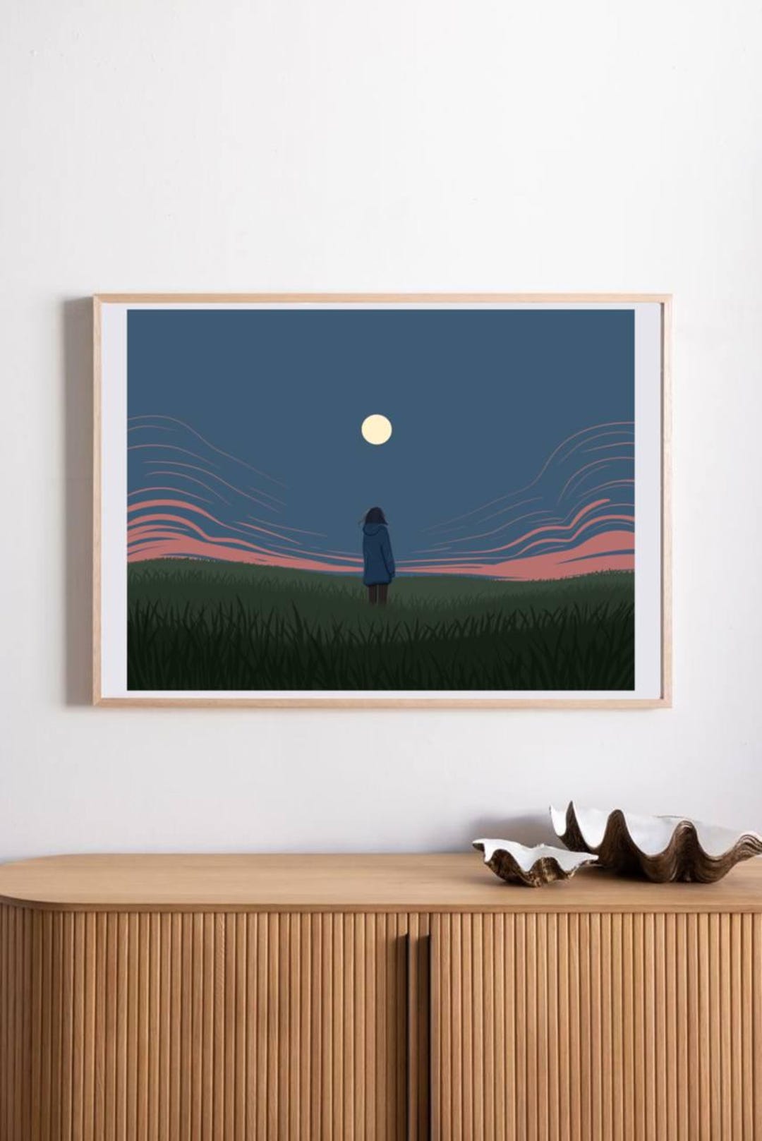 Girl Under Moon in Night Field – Digital Art Print, Mystical Landscape ...