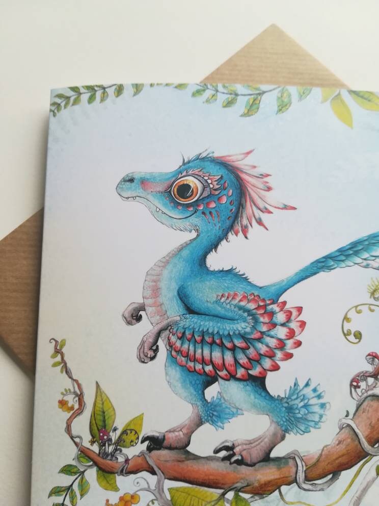 Dinosaur Card // Microraptor Illustration // Dinosaur Art // - Etsy