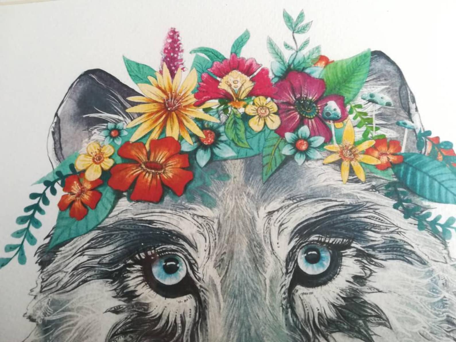 Wolf Illustration / Flower Crown Wolf Art Print / Mama Wolf / - Etsy.de