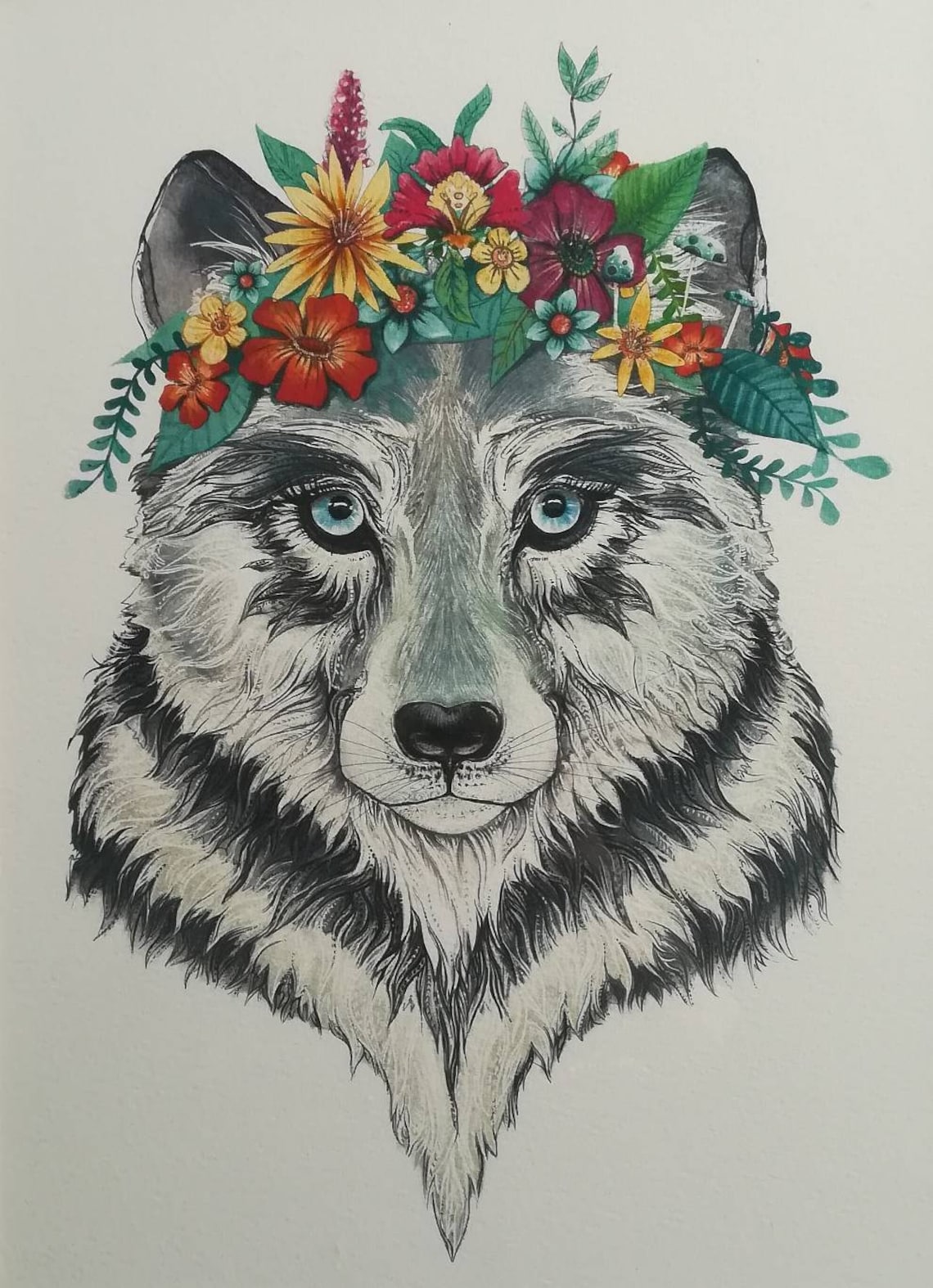 Wolf Illustration / Flower Crown Wolf Art Print / Mama Wolf / - Etsy
