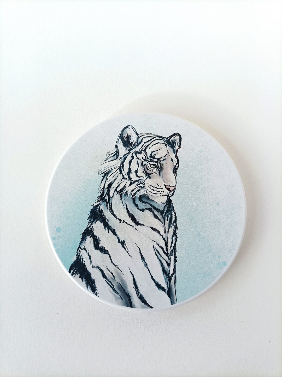 White Tiger Circular Ceramic Coaster / Tiger Art / Illustrated Coaster ...