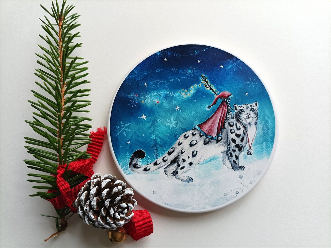 Snow Leopard Round Ceramic Coaster /winter Animals / Christmas ...
