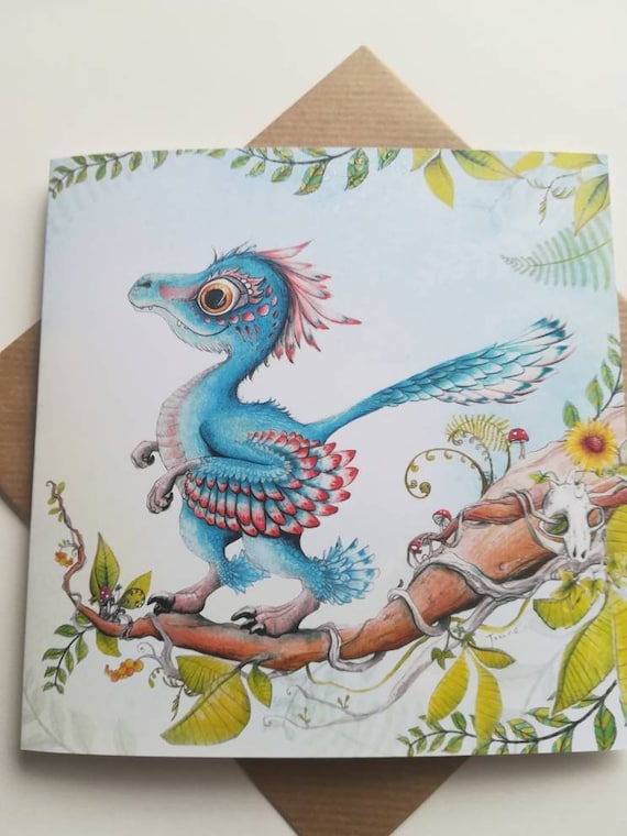 Dinosaur Card // Microraptor Illustration // Dinosaur Art // | Etsy