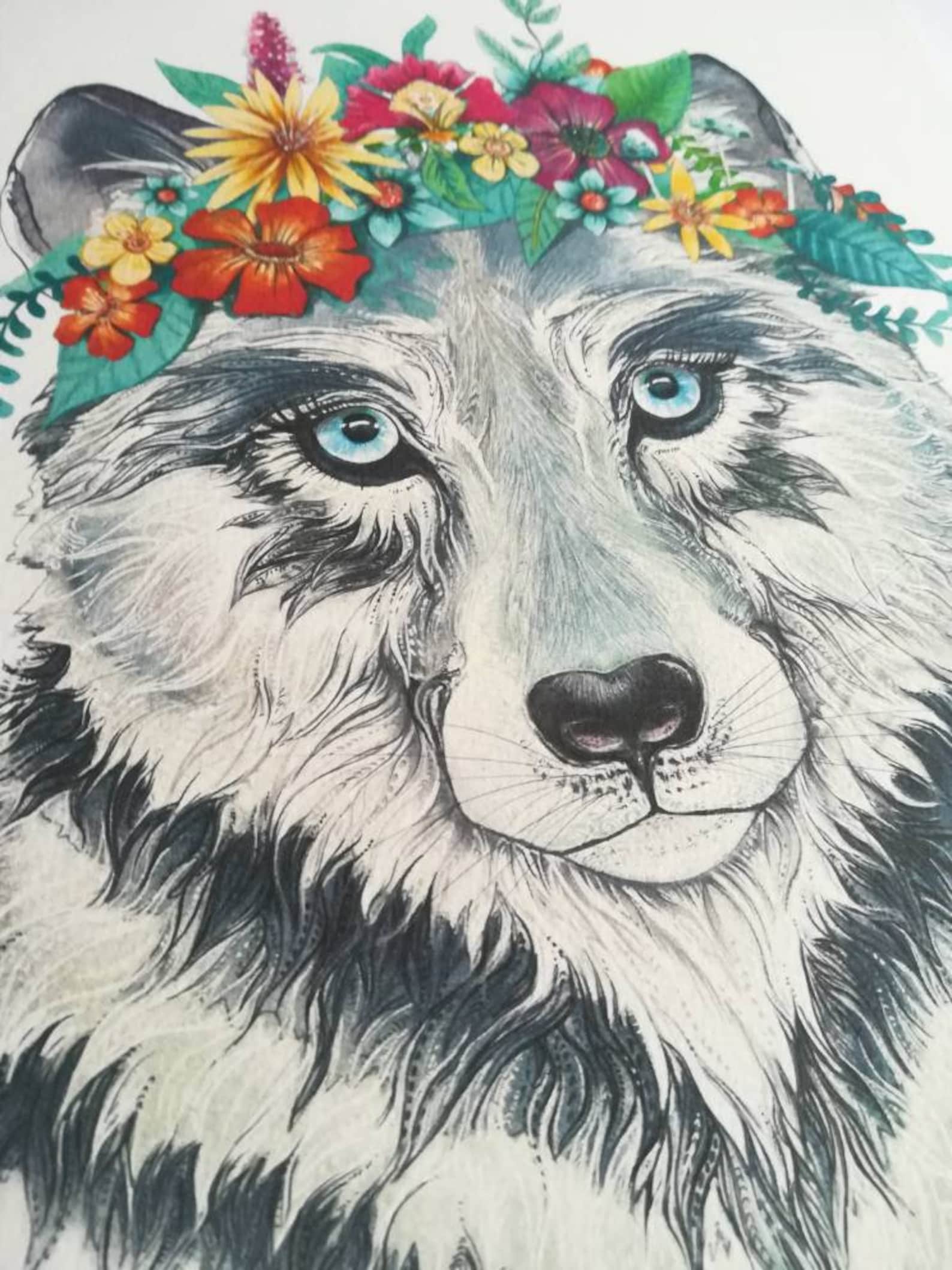 Wolf Illustration / Flower Crown Wolf Art Print / Mama Wolf / - Etsy