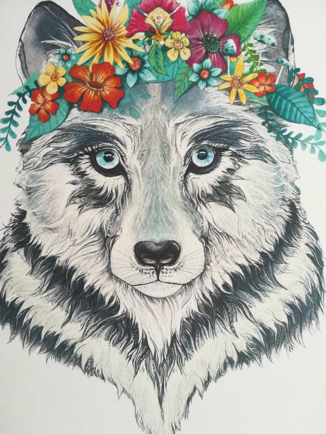 Wolf Illustration / Flower Crown Wolf Art Print / Mama Wolf / | Etsy