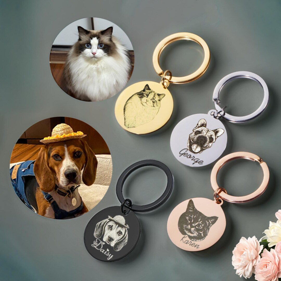Custom Pet Portrait Keychain: Engraved Dog Photo Keyring, Pet Memorial ...