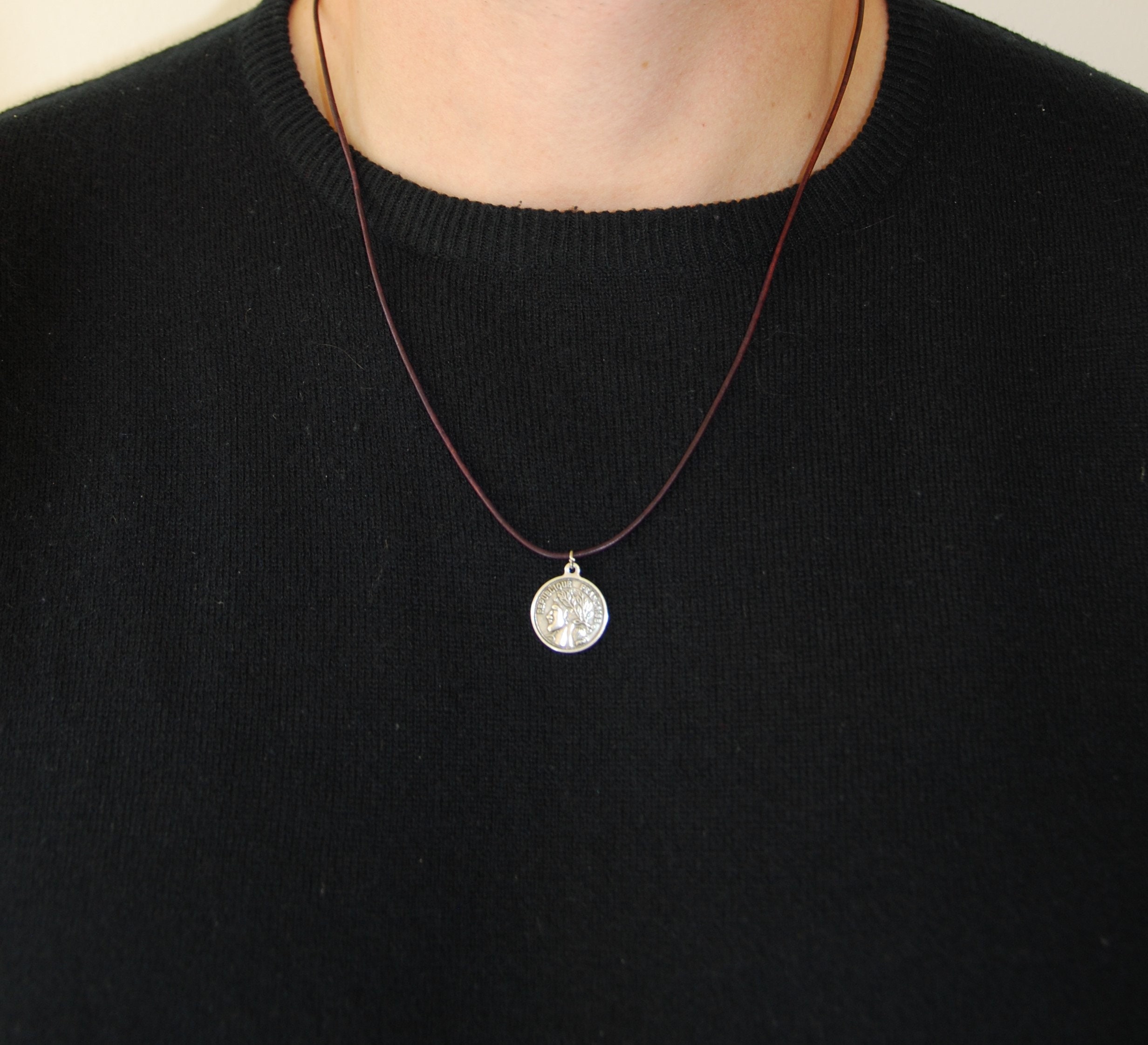 Handmade Coin Necklace for Men, Natural Leather Silver Charm Necklace ...