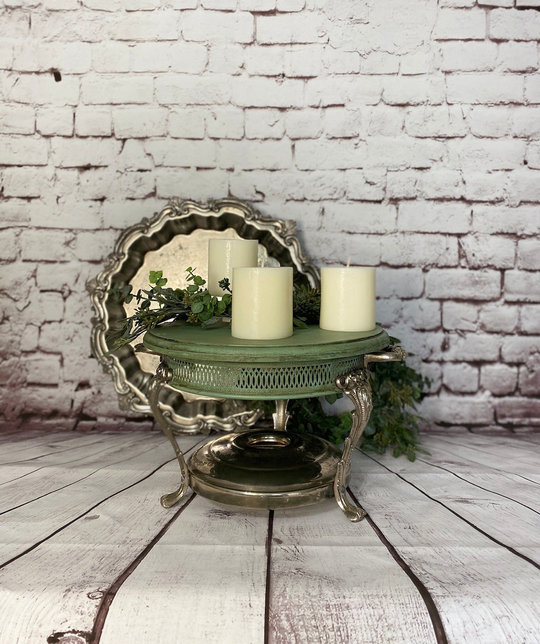 Pedestal Stand, Vintage Salvaged Silver, Green Pedestal Stand, Display ...