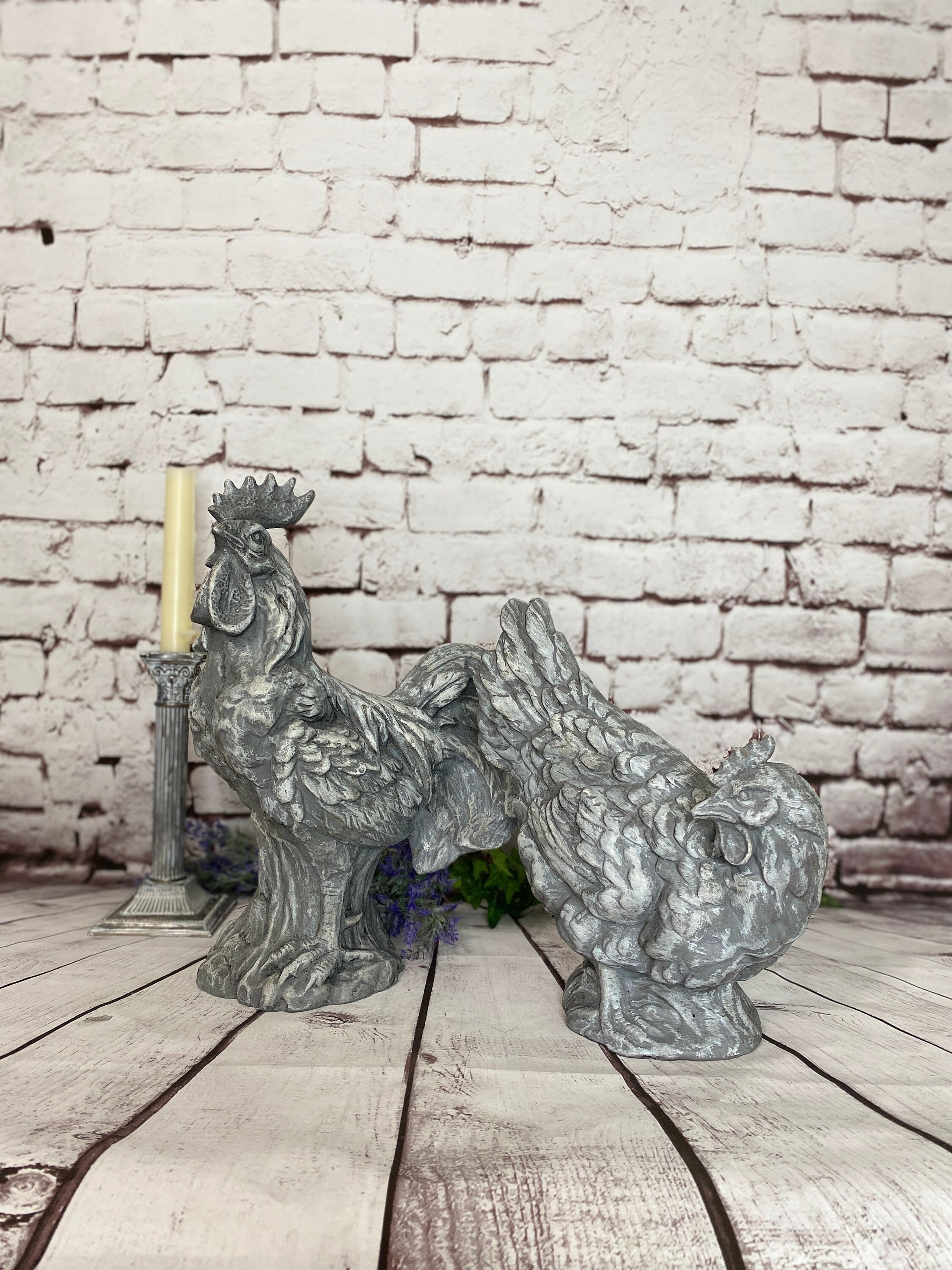 Rooster Statue With Chicken Statue Set of 2 Vintage Ceramic Grey ...