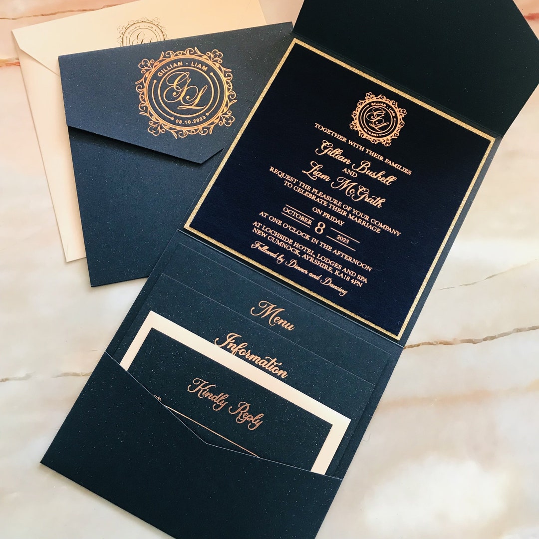 Navy and Rose Gold Foiled Velvet Pocket Fold Wedding Invitation Velvet ...