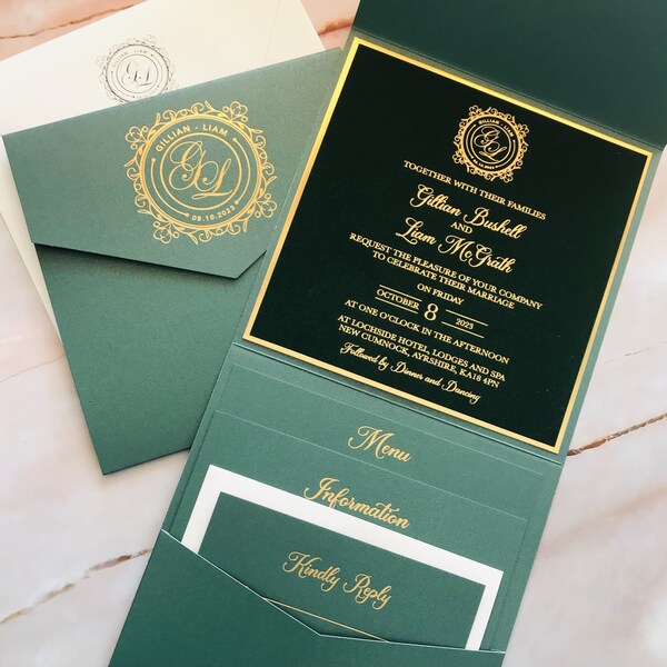 Emerald Green and Gold Wedding Pocket Invitations - Etsy