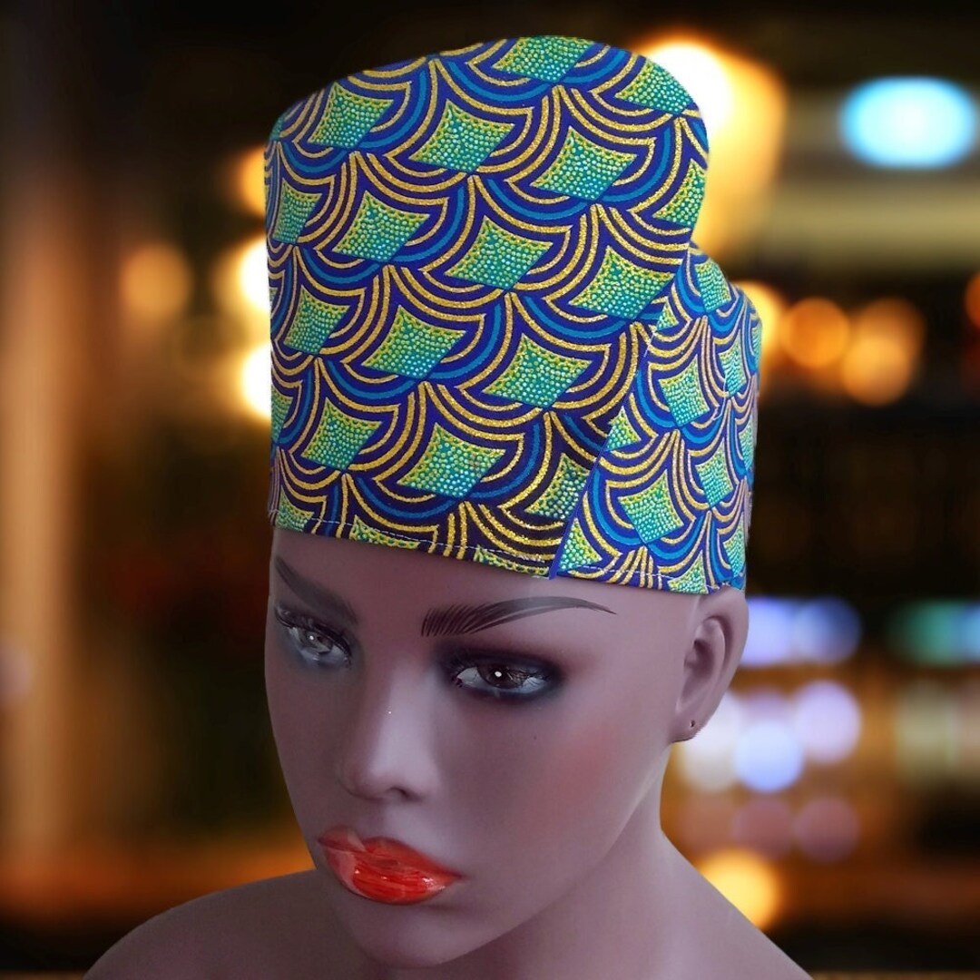 Ankara African Print Headdress Crown With Metallic Detail. Blue, Aqua ...