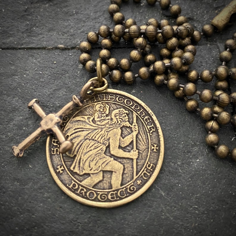 St. Christopher and Cross Antiqued Brass and Bronze Men's | Etsy
