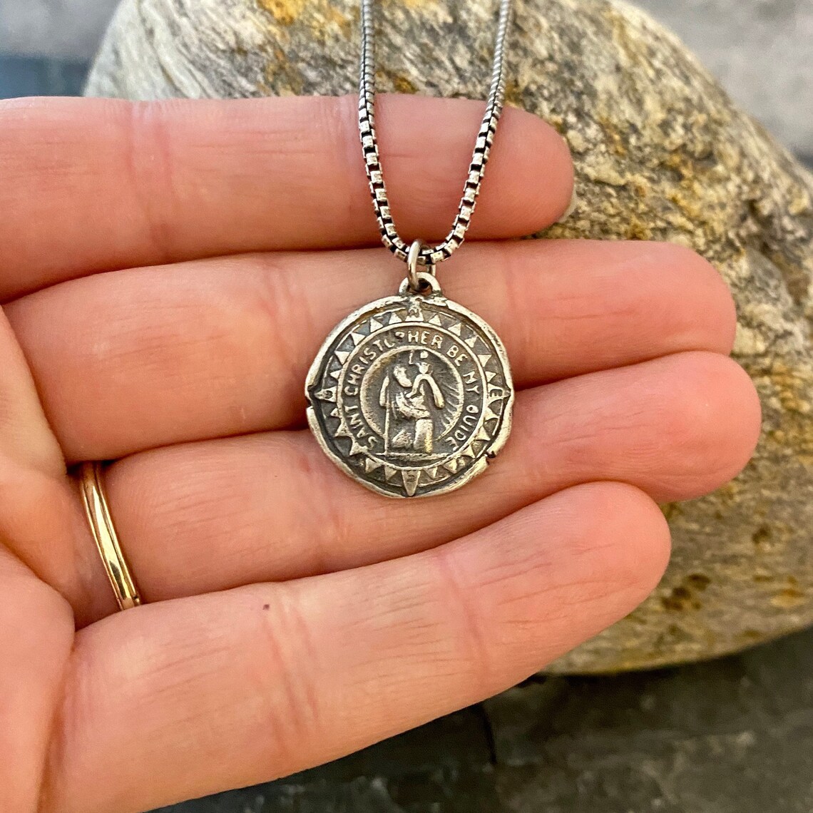 NOW in Sterling Silver, Men's Necklace St. Christopher Wax Seal Medal W ...