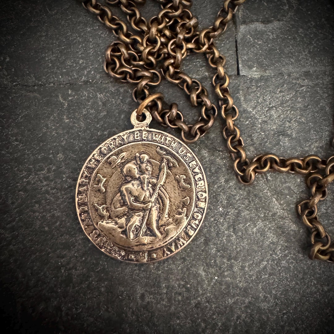 Vintage Saint Christopher and Archangel Raphael Necklace, Antiqued ...