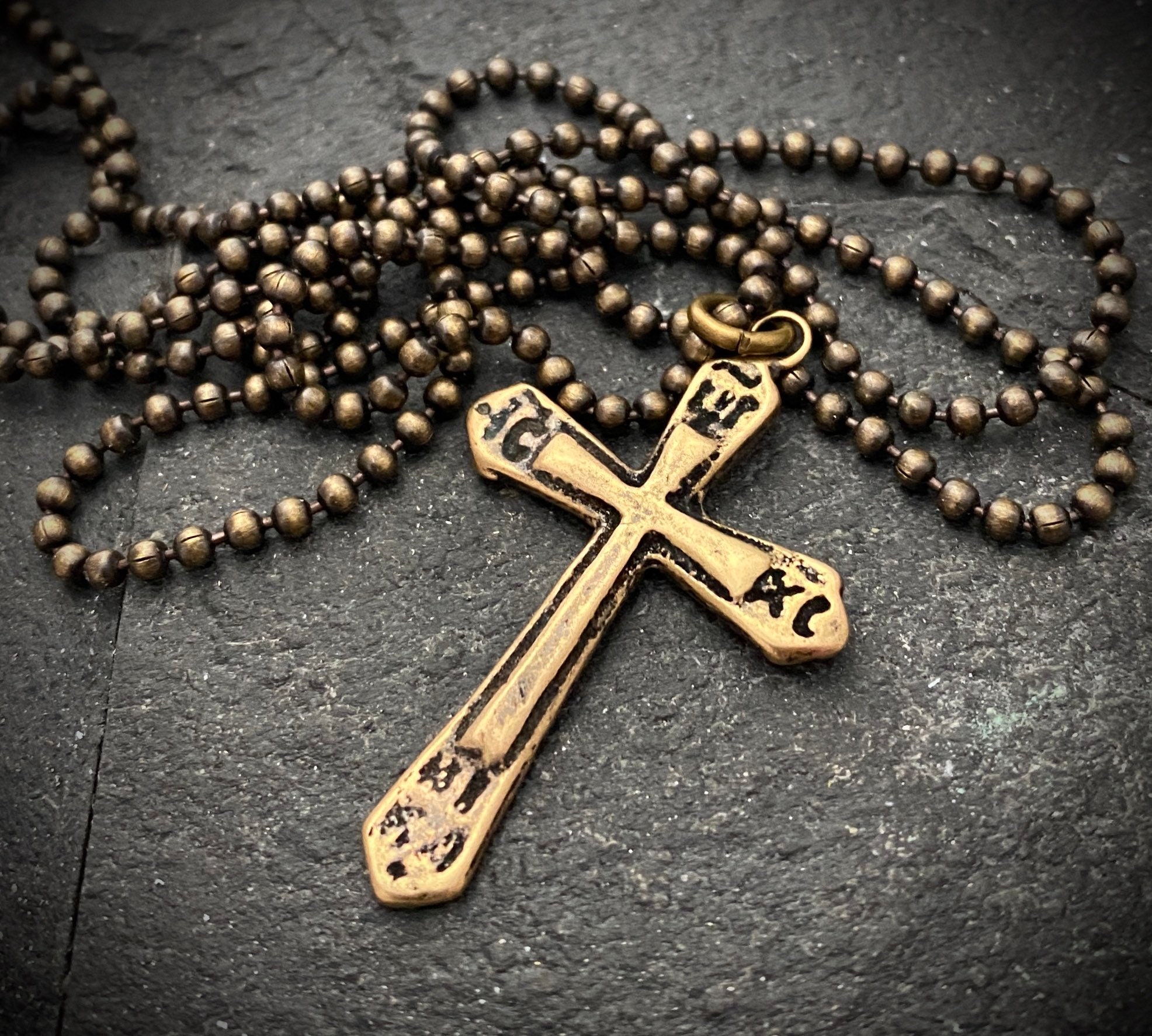 Ancient Antique Bronze Cross on Men's Brass Bead Chain - Etsy
