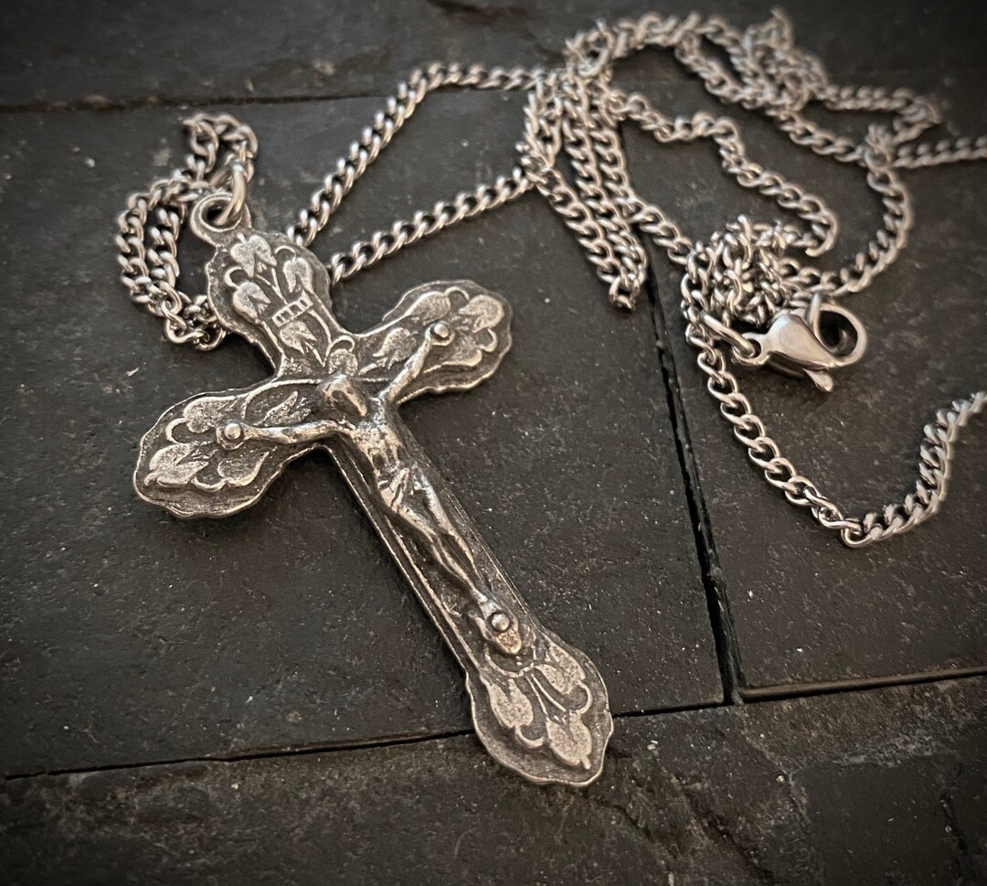 Men's Necklace Featuring a Large Decorative Floral Crucifix, Unisex ...