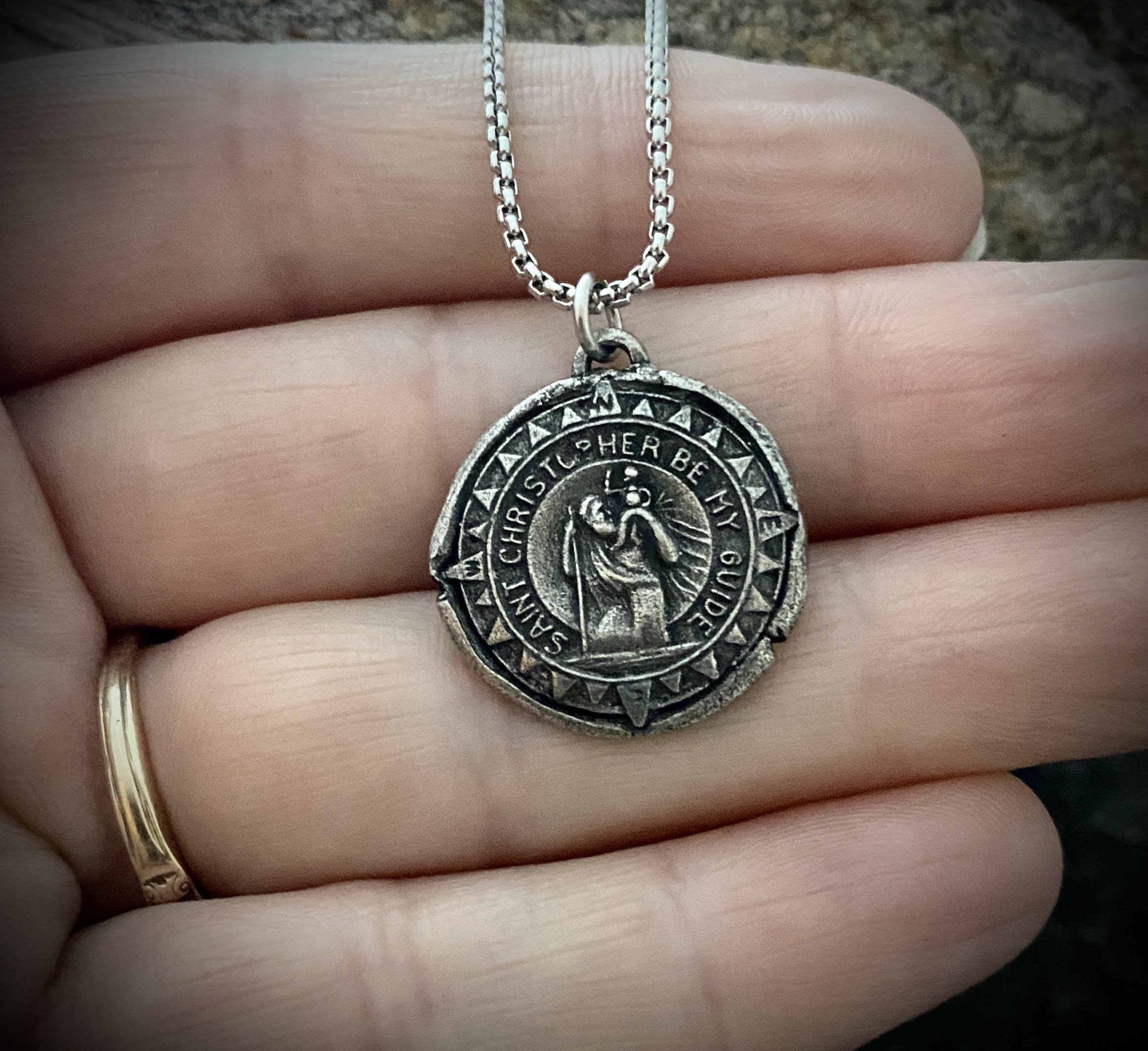 Men's Necklace With St. Christopher Wax Seal Medal W Compass, Unisex ...