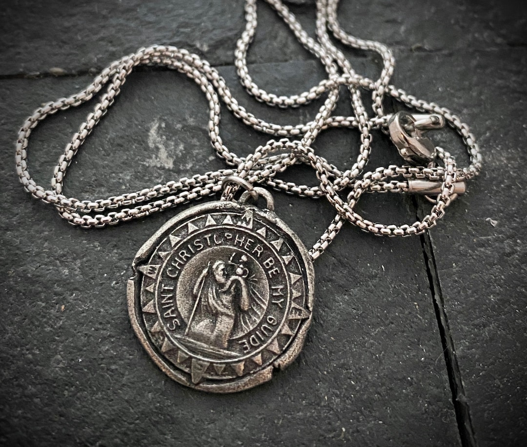 Men's Necklace With St. Christopher Wax Seal Medal W Compass, Unisex ...