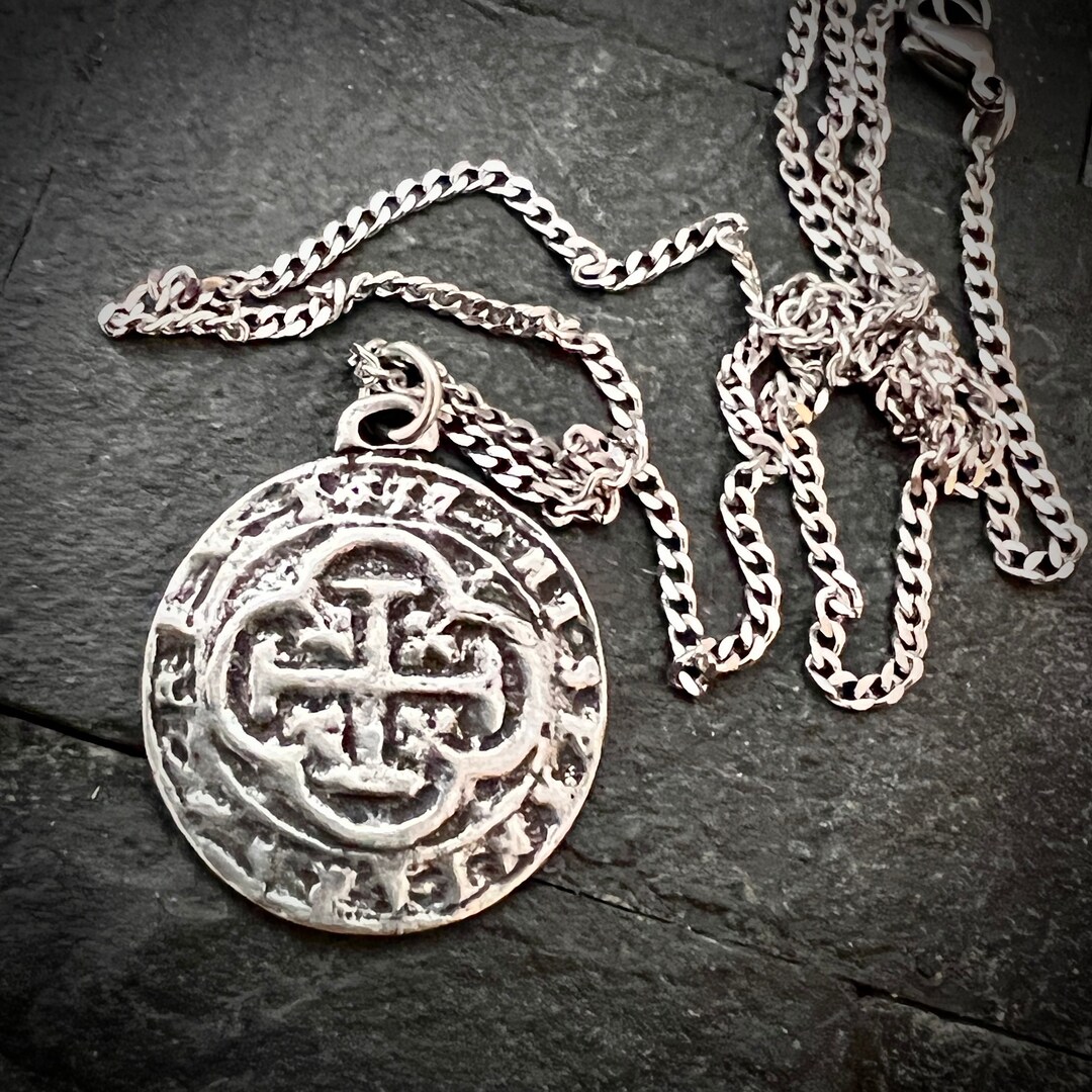 Old Spanish Doubloon Coin Men's Necklace, Shipwreck Pirate Cross ...