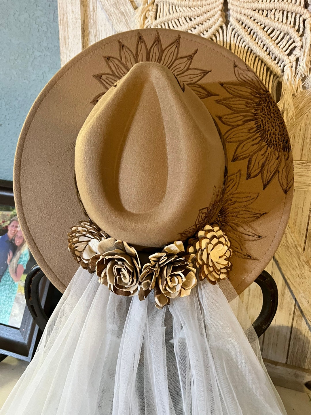 Wedding Cowboy Hat With Veil Hand Burned With Dried Flowers - Etsy