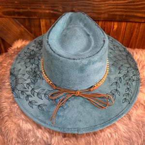 Custom Teal Rancher Flat Brim Hat Burned With Sunflowers and Daisys - Etsy