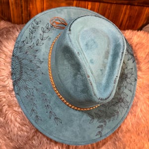 Custom Teal Rancher Flat Brim Hat Burned With Sunflowers and Daisys - Etsy