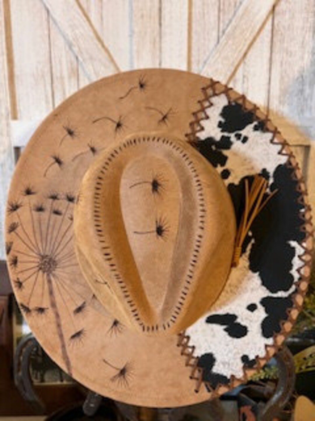 Hand Burned Suede Cowboy Hat: Cowhide Dandelion Design - Etsy