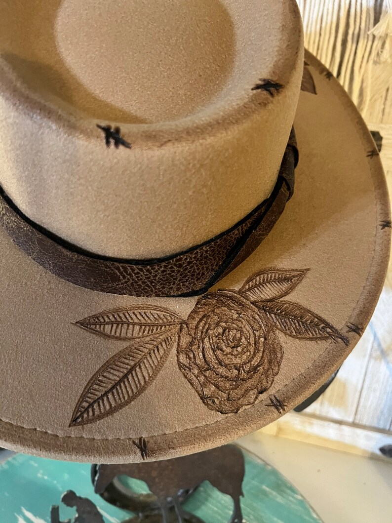 Feather Roses Fedora Rustic Hand Burned Cowboy Hat Fast - Etsy