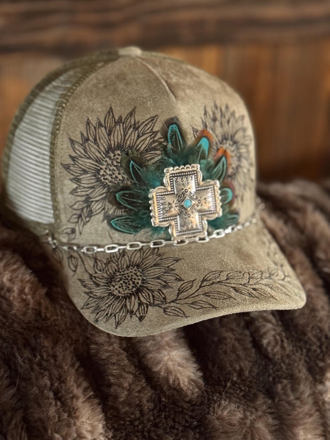 Sage Green Sunflower Ball Cap | Burned Design, Silver Cross & Feathers ...