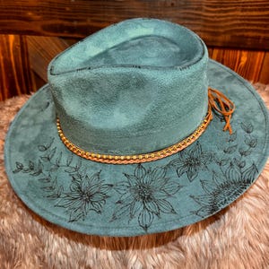 Custom Teal Rancher Flat Brim Hat Burned With Sunflowers and Daisys - Etsy