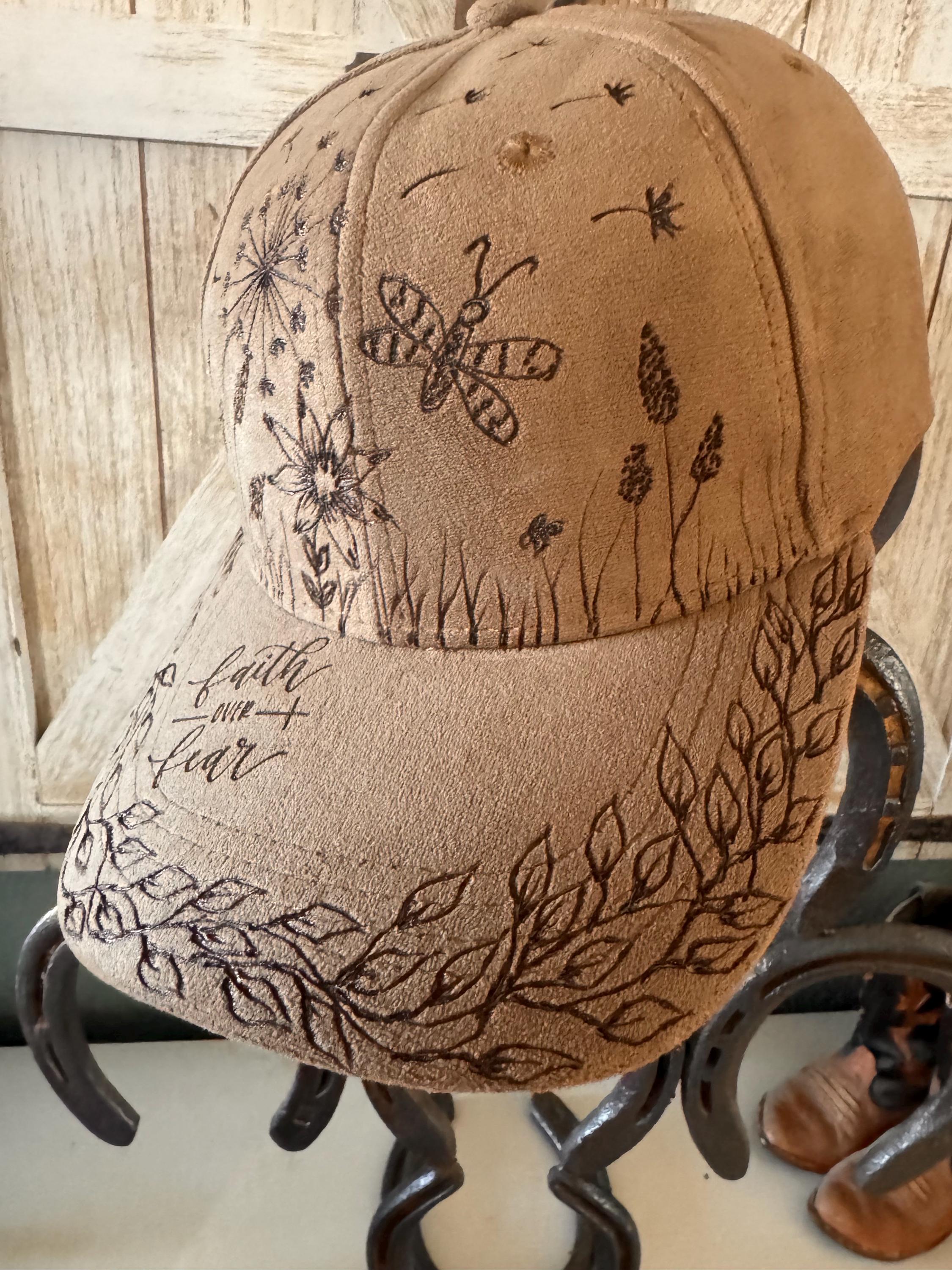 Hand Burned Branded Beige Wild Flower With Dandelion Base Ball Cap ...