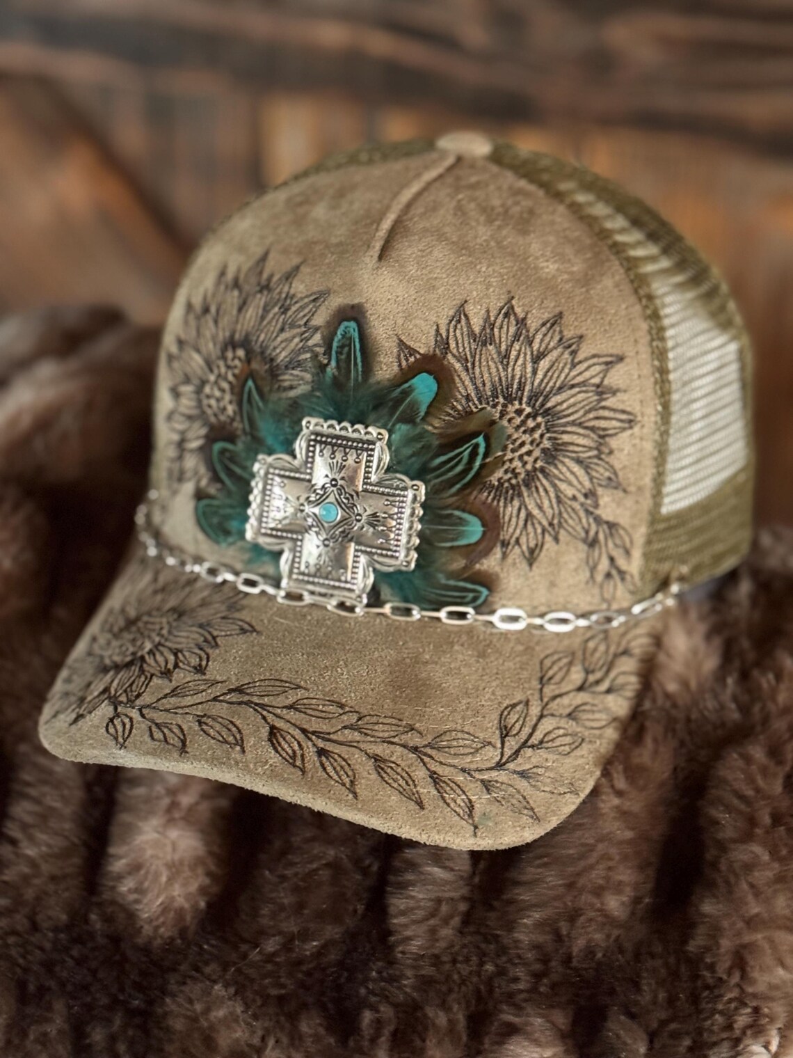 Sage Green Sunflower Ball Cap | Burned Design, Silver Cross & Feathers ...