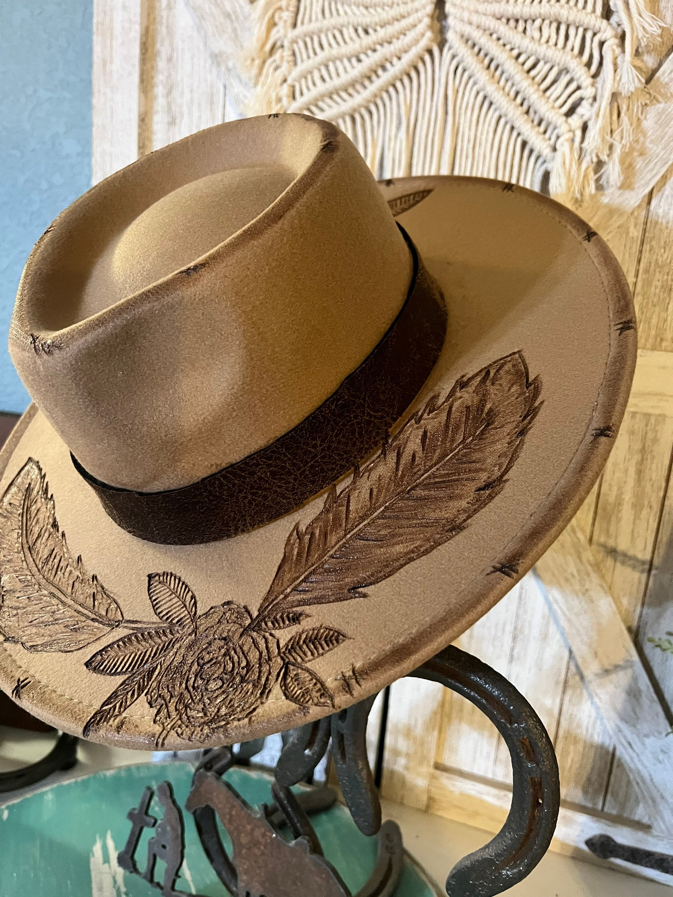 Feather Roses Fedora Rustic Hand Burned Cowboy Hat Fast - Etsy