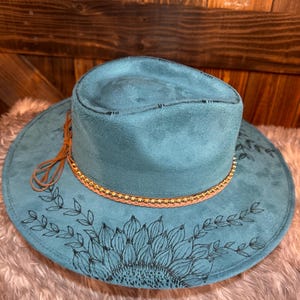 Custom Teal Rancher Flat Brim Hat Burned With Sunflowers and Daisys - Etsy