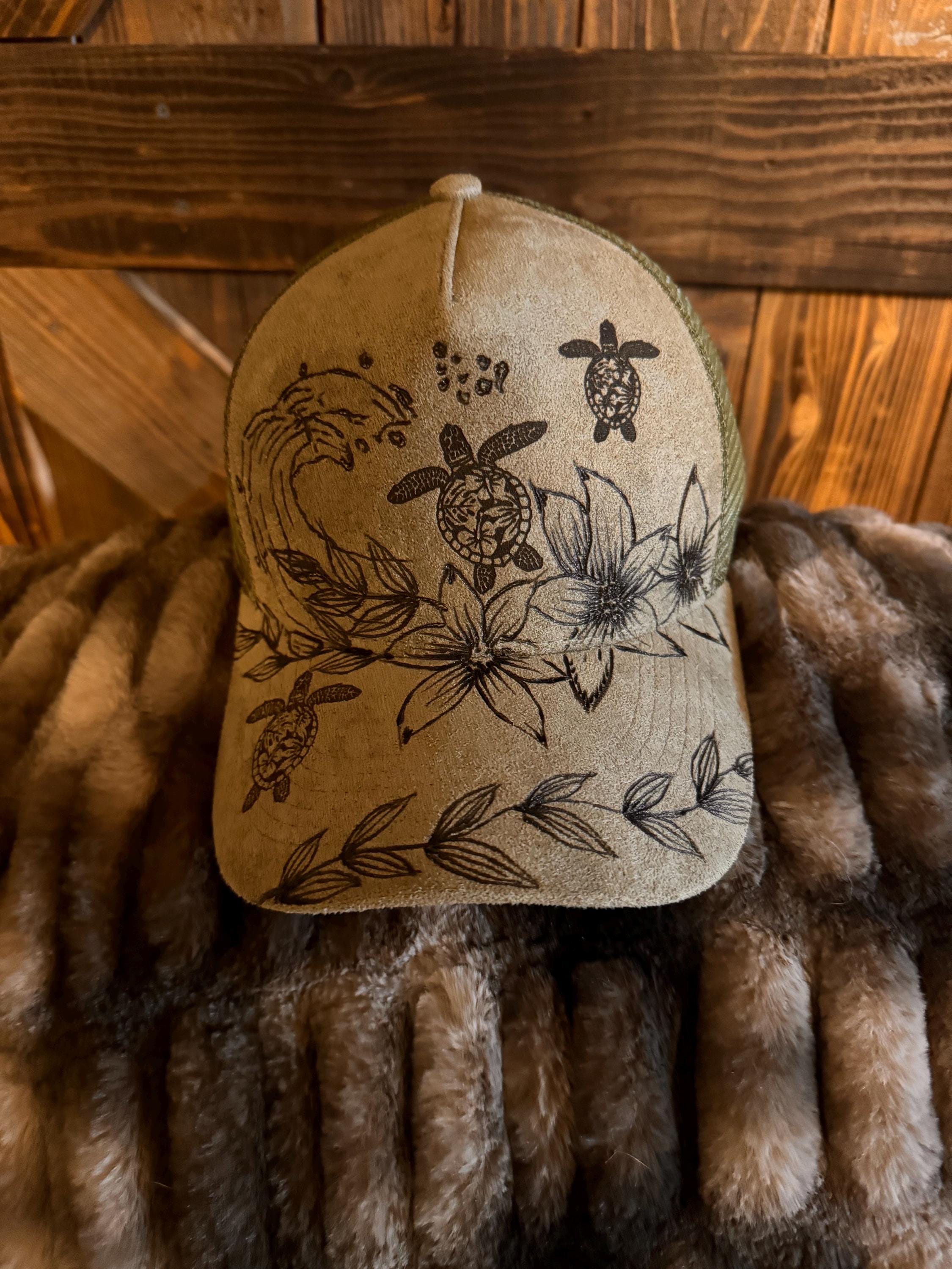 Hand-burned Turtle Suede Cap – Ocean-inspired Adjustable Hat - Etsy