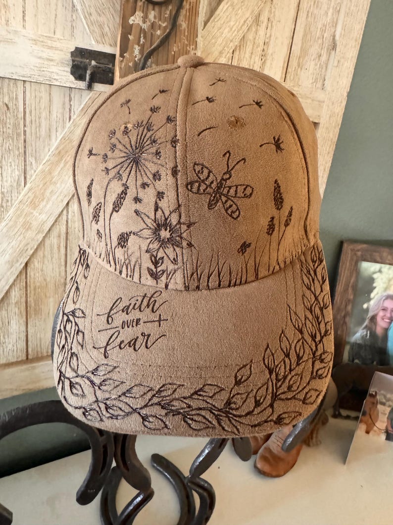 Hand Burned Branded Beige Wild Flower With Dandelion Base Ball Cap ...